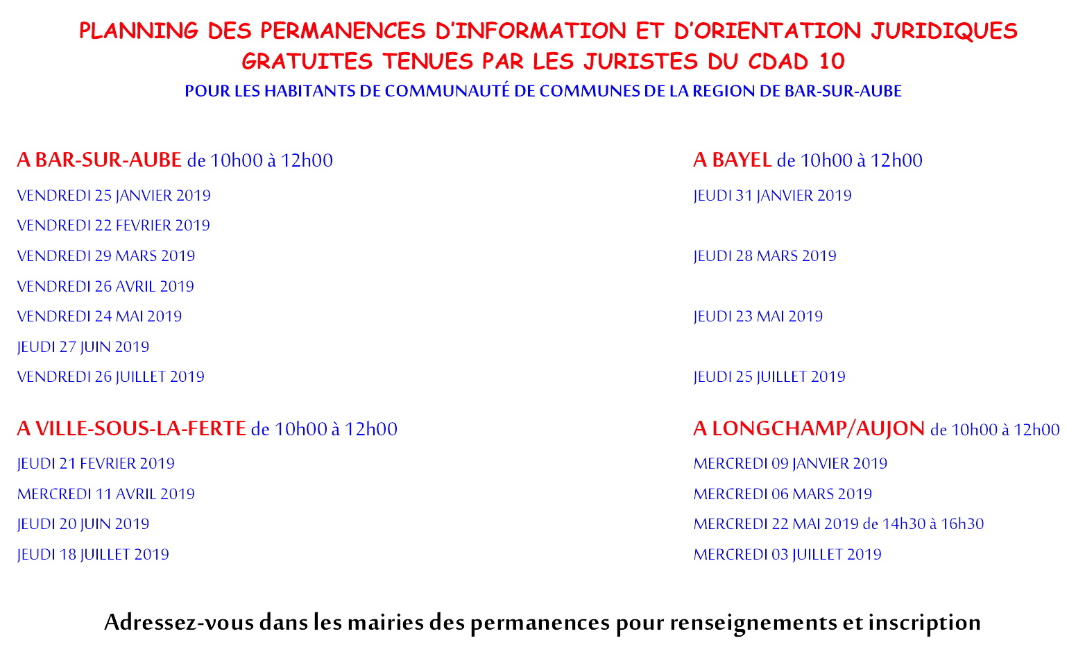 Planning des permanences d’information juridique – Longchamp-sur-Aujon